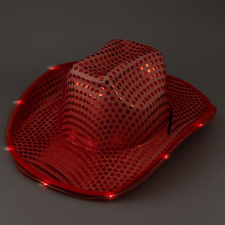 Red Light Up LED Flashing Cowboy Hat With Sequins | PartyGlowz.com