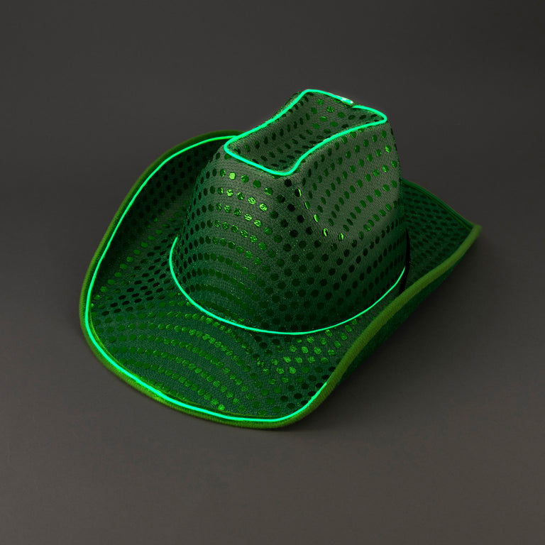 Green LED Flashing EL Wire Glow Sequin Cowboy Hat | PartyGlowz.com