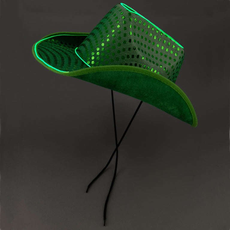 Green LED Flashing EL Wire Glow Sequin Cowboy Hat | PartyGlowz.com