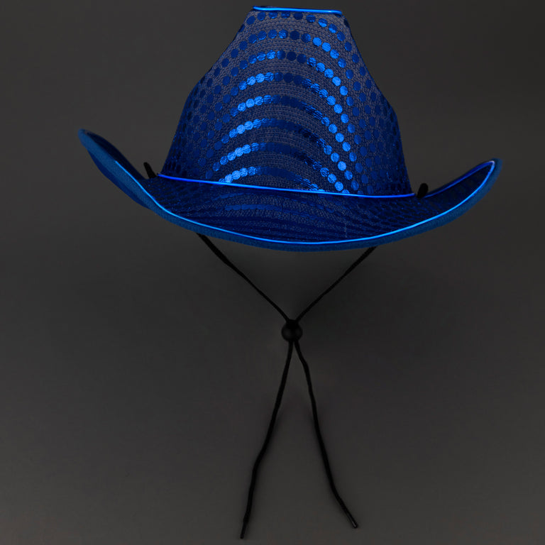 Blue LED Flashing EL Wire Glow Sequin Cowboy Hat | PartyGlowz.com