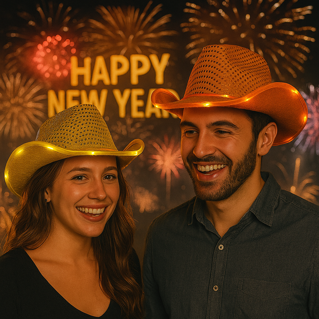 LED Flashing Sequin Orange & Gold Cowboy Hat - 2 Hats | PartyGlowz.com