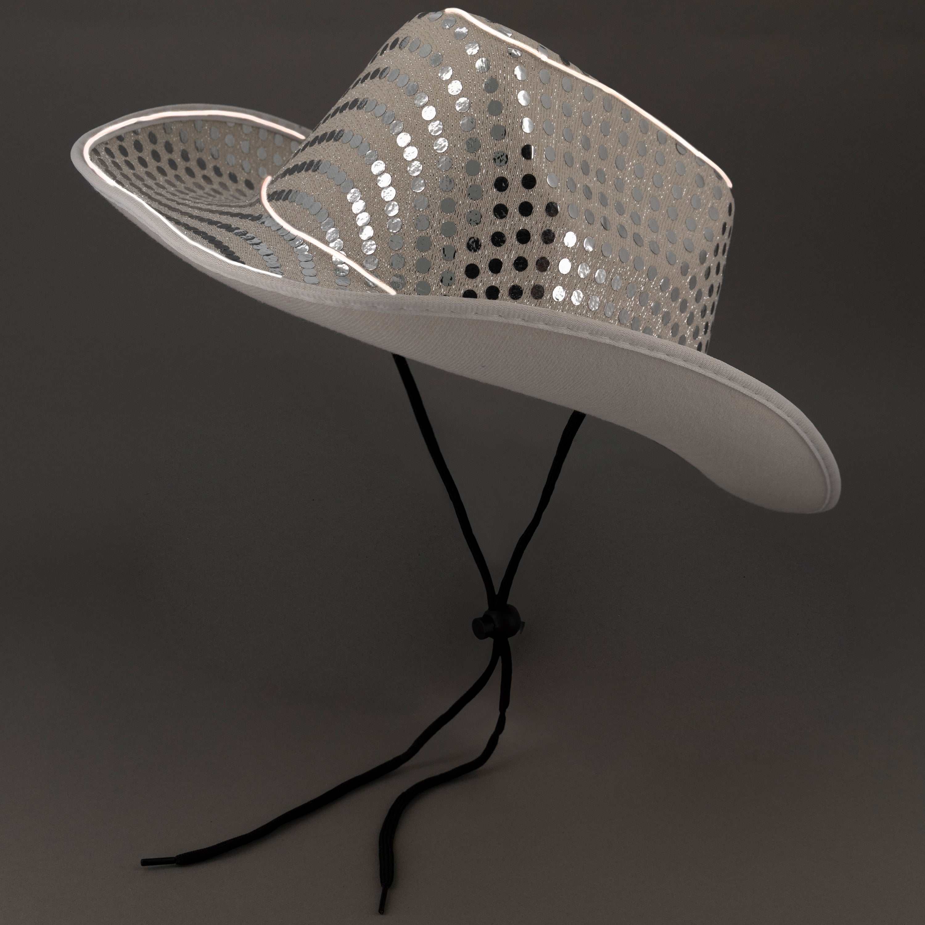 Two LED Flashing White El Wire Sequin Cowboy Hats | PartyGlowz.com