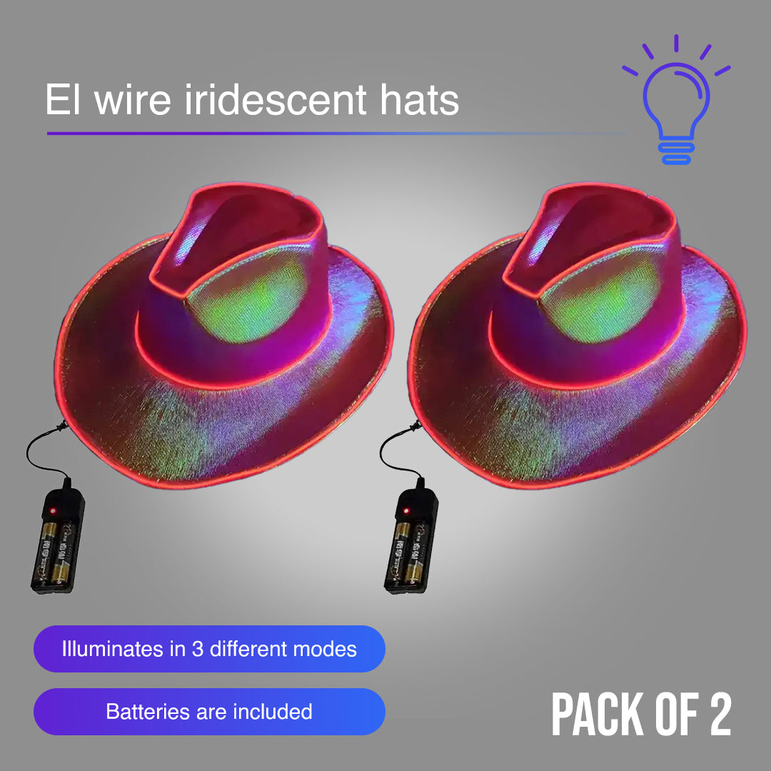 Two Red EL WIRE Light Up Iridescent Space Cowboy Hats | PartyGlowz.com