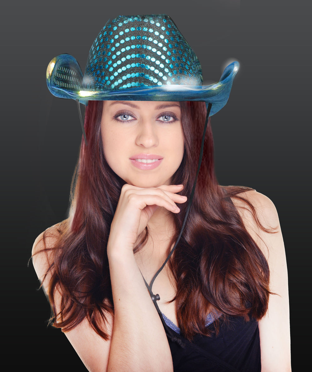 Teal Cowboy Hat With LED Light Up Flashing Sequins | PartyGlowz.com