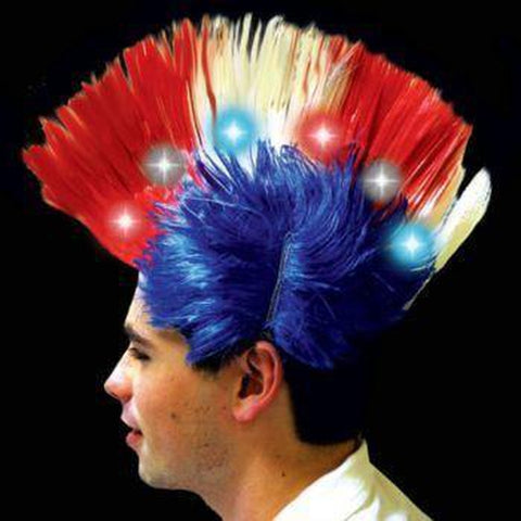 LED Light Up Patriotic Tri-Color Red White And Blue Mohawk Wig ...