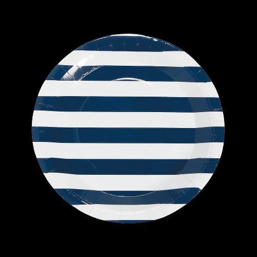 Navy Striped Paper Dinner Plates | PartyGlowz.com